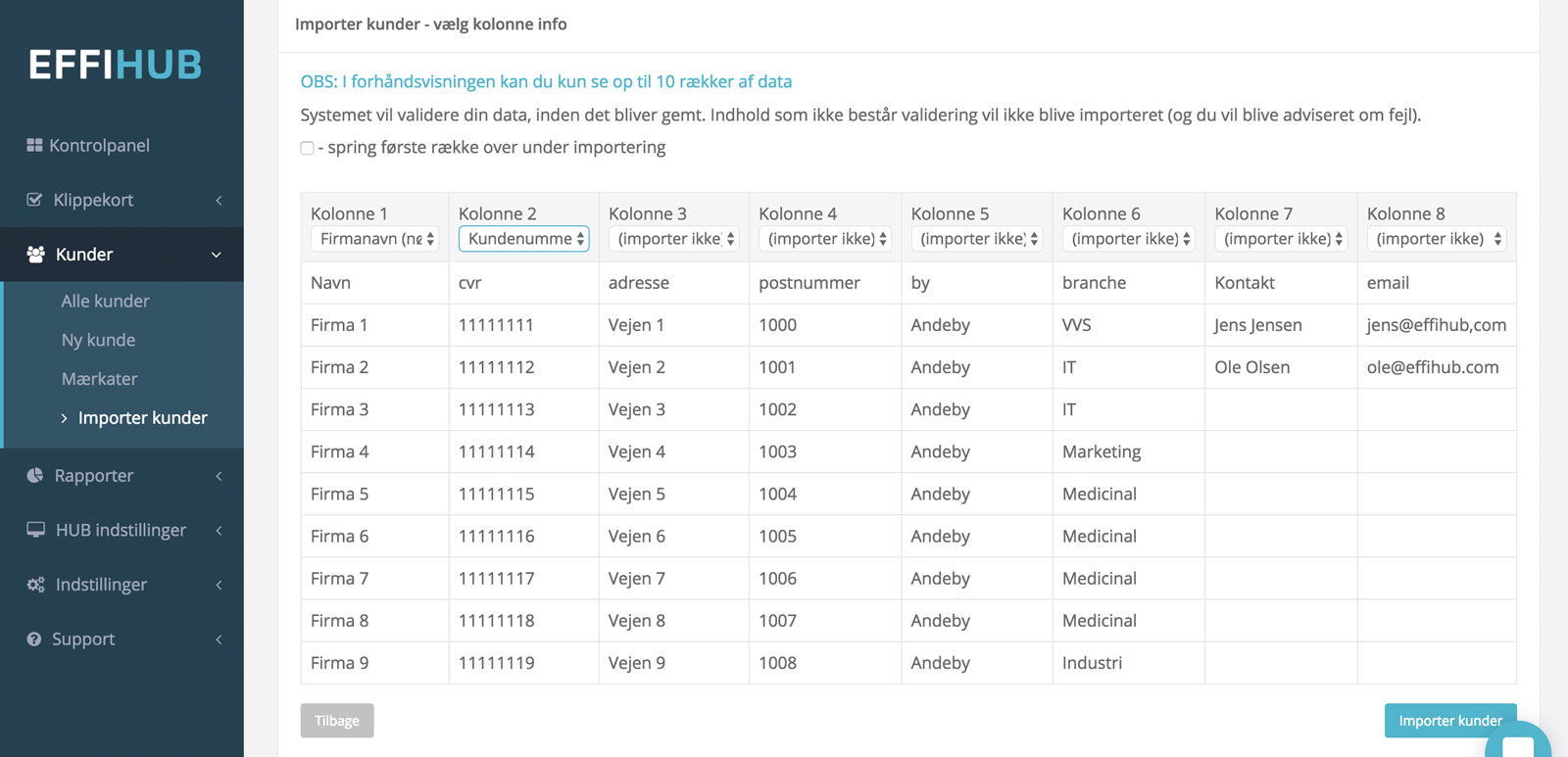 Importer kunder fra regneark med copy/paste - Effihub help center