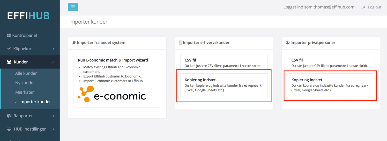 Importer kunder fra regneark med copy/paste - Effihub help center